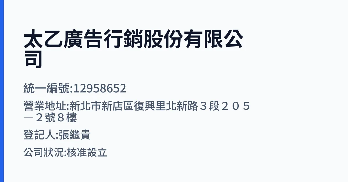 太乙廣告行銷股份有限公司 - 統編 12958652(新北市) 公司登記資料與營業項目詳細圖表