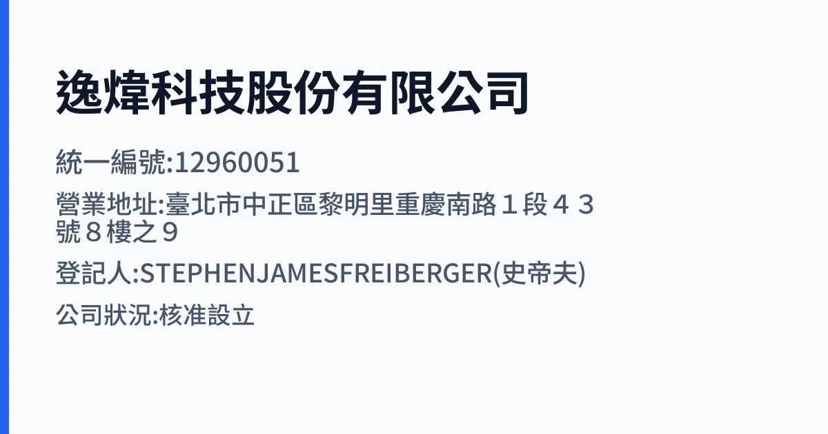逸煒科技股份有限公司 - 統編 12960051(臺北市) 公司登記資料與營業項目詳細圖表