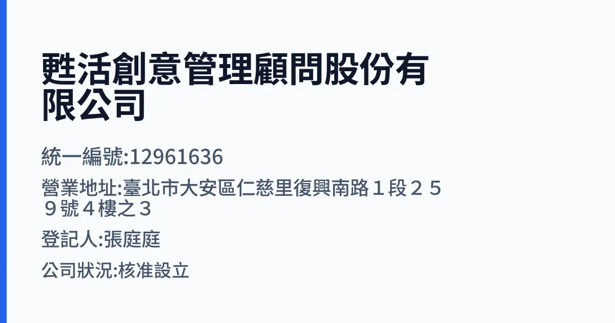 甦活創意管理顧問股份有限公司 - 統編 12961636(臺北市) 公司登記資料與營業項目詳細圖表