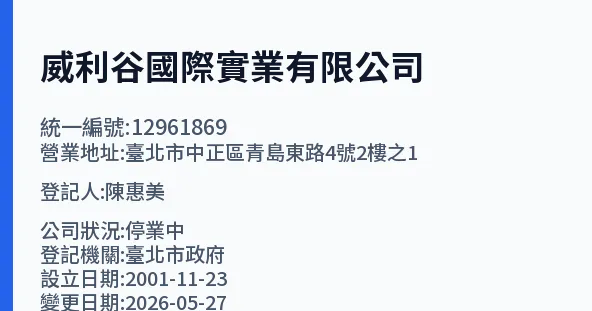 威利谷國際實業有限公司的照片-統編 12961869(臺北市) 公司登記資料與營業項目詳細圖表