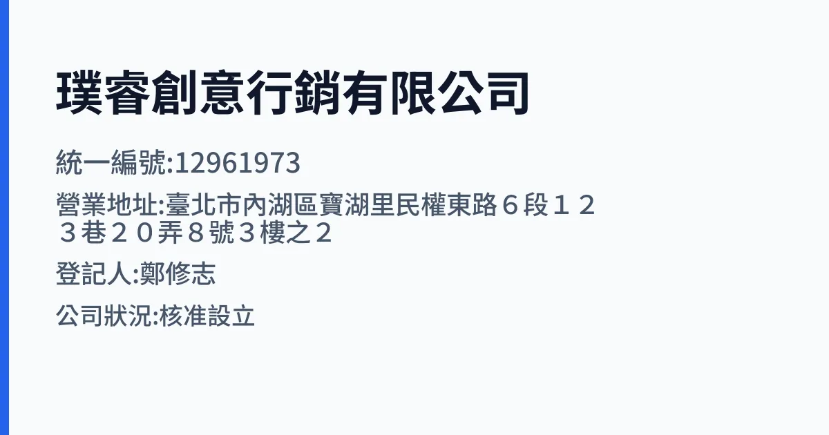 璞睿創意行銷有限公司 - 統編 12961973(臺北市) 公司登記資料與營業項目詳細圖表