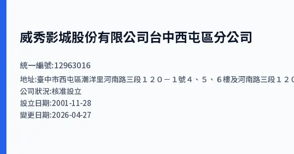 威秀影城股份有限公司台中西屯區分公司的照片-統編 12963016(臺中市) 公司登記資料與營業項目詳細圖表