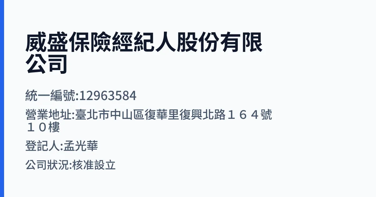 威盛保險經紀人股份有限公司 - 統編 12963584(臺北市) 公司登記資料與營業項目詳細圖表