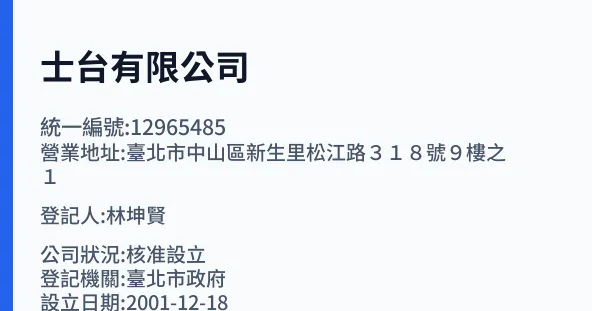 士台有限公司的照片-統編 12965485(臺北市) 公司登記資料與營業項目詳細圖表