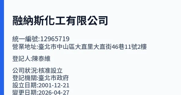 融納斯化工有限公司的照片-統編 12965719(臺北市) 公司登記資料與營業項目詳細圖表