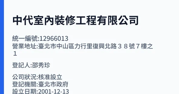 中代室內裝修工程有限公司的照片-統編 12966013(臺北市) 公司登記資料與營業項目詳細圖表