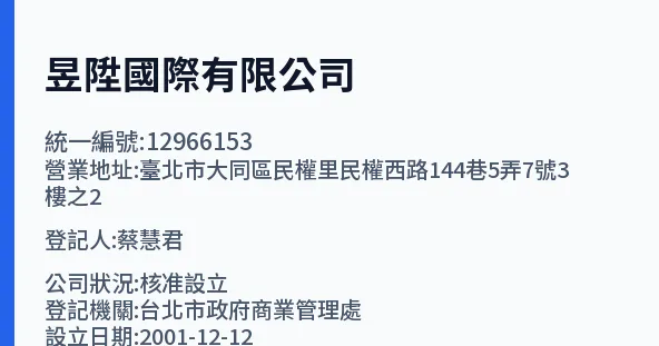 昱陞國際有限公司的照片-統編 12966153(臺北市) 公司登記資料與營業項目詳細圖表
