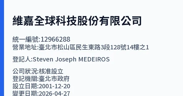 維嘉全球科技股份有限公司的照片-統編 12966288(臺北市) 公司登記資料與營業項目詳細圖表