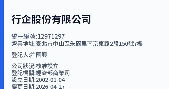 行企股份有限公司的照片-統編 12971297(臺北市) 公司登記資料與營業項目詳細圖表
