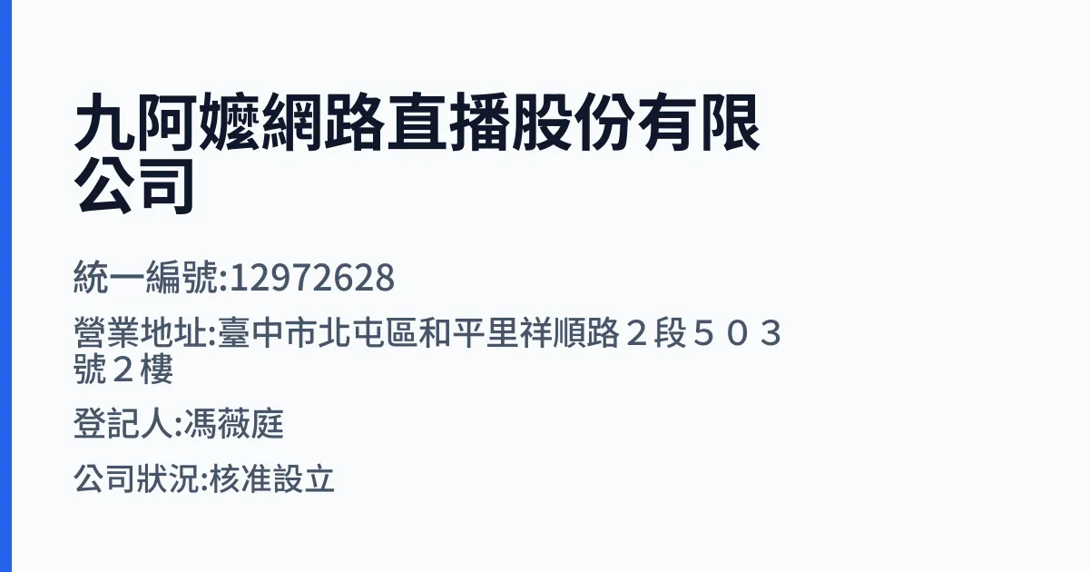 九阿嬤網路直播股份有限公司 - 統編 12972628(臺中市) 公司登記資料與營業項目詳細圖表
