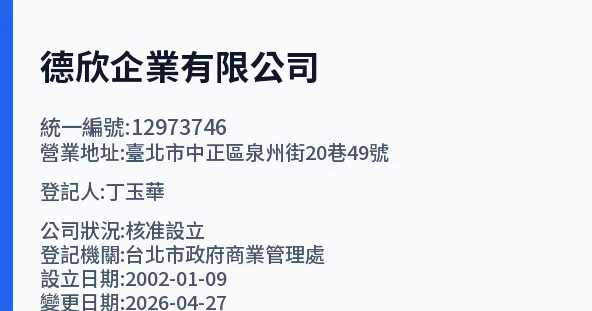 德欣企業有限公司的照片-統編 12973746(臺北市) 公司登記資料與營業項目詳細圖表