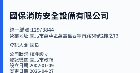 國保消防安全設備有限公司的照片-統編 12973844(臺北市) 公司登記資料與營業項目詳細圖表