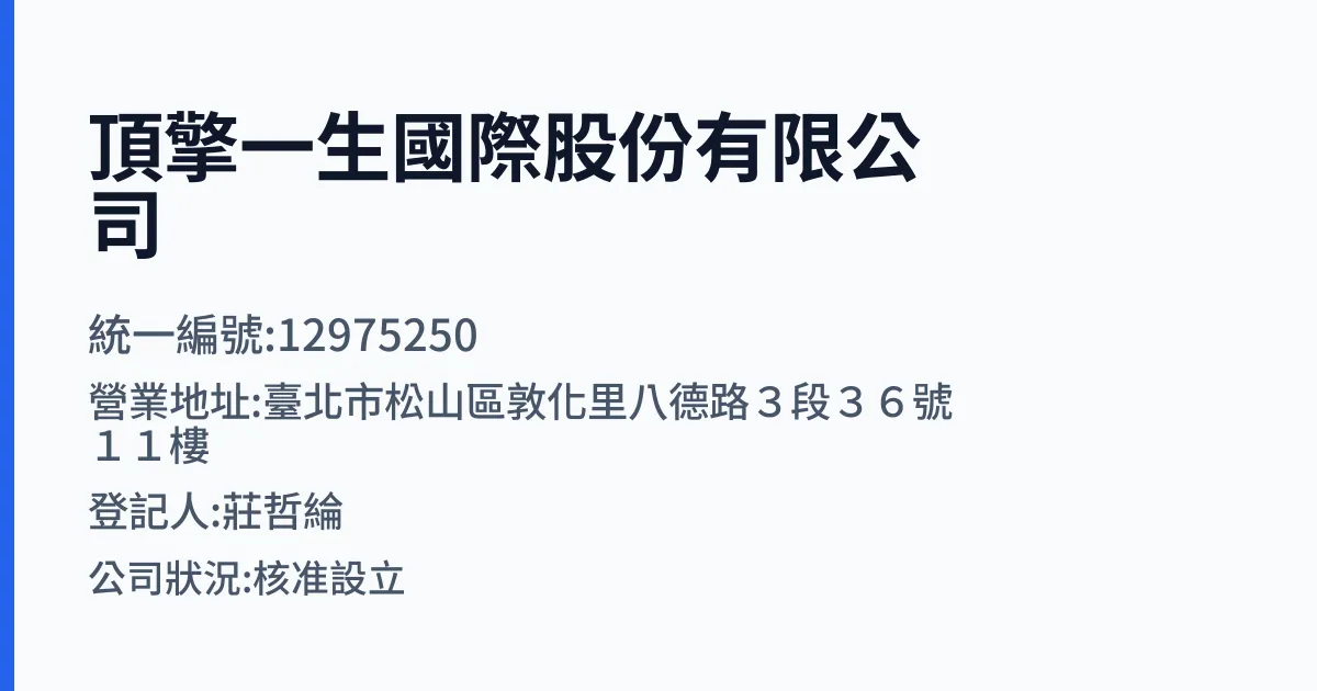 頂擎一生國際股份有限公司 - 統編 12975250(臺北市) 公司登記資料與營業項目詳細圖表