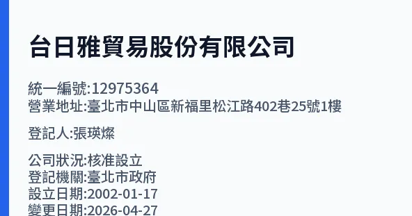 台日雅貿易股份有限公司的照片-統編 12975364(臺北市) 公司登記資料與營業項目詳細圖表