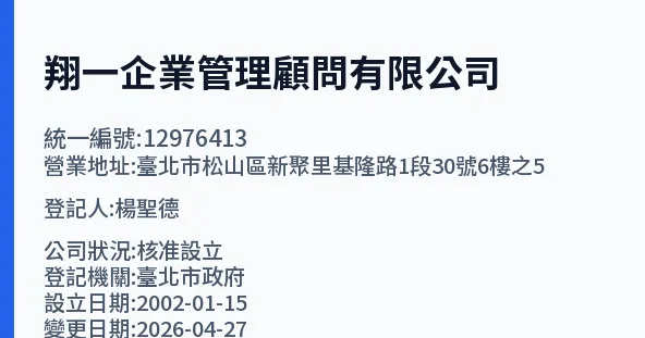 翔一企業管理顧問有限公司的照片-統編 12976413(臺北市) 公司登記資料與營業項目詳細圖表