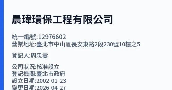 晨瑋環保工程有限公司的照片-統編 12976602(臺北市) 公司登記資料與營業項目詳細圖表