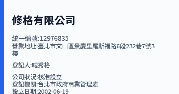 修格有限公司的照片-統編 12976835(臺北市) 公司登記資料與營業項目詳細圖表