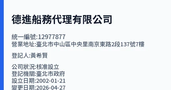 德進船務代理有限公司的照片-統編 12977877(臺北市) 公司登記資料與營業項目詳細圖表