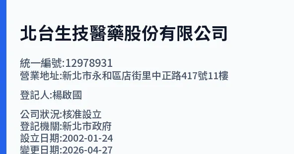 北台生技醫藥股份有限公司的照片-統編 12978931(新北市) 公司登記資料與營業項目詳細圖表