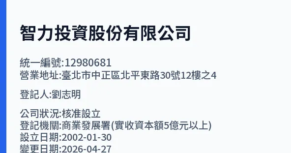 智力投資股份有限公司的照片-統編 12980681(臺北市) 公司登記資料與營業項目詳細圖表
