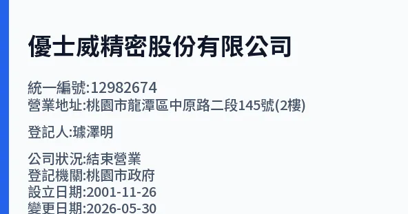 優士威精密股份有限公司的照片-統編 12982674(桃園市) 公司登記資料與營業項目詳細圖表