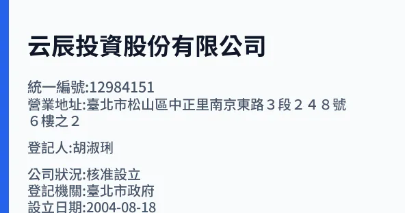 云辰投資股份有限公司的照片-統編 12984151(臺北市) 公司登記資料與營業項目詳細圖表