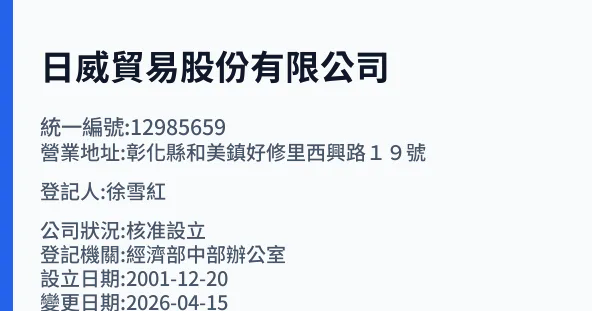 日威貿易股份有限公司的照片-統編 12985659(彰化縣) 公司登記資料與營業項目詳細圖表