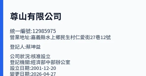 尊山有限公司的照片-統編 12985975(嘉義縣) 公司登記資料與營業項目詳細圖表