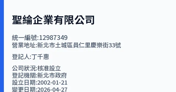 聖綸企業有限公司的照片-統編 12987349(新北市) 公司登記資料與營業項目詳細圖表