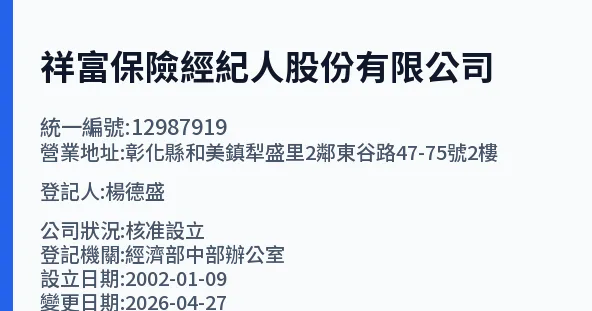 祥富保險經紀人股份有限公司的照片-統編 12987919(彰化縣) 公司登記資料與營業項目詳細圖表