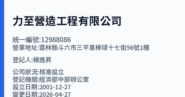 力至營造工程有限公司的照片-統編 12988086(雲林縣) 公司登記資料與營業項目詳細圖表