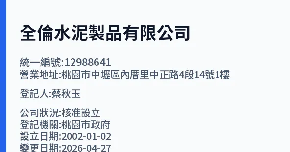全倫水泥製品有限公司的照片-統編 12988641(桃園市) 公司登記資料與營業項目詳細圖表