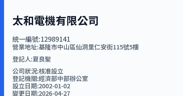 太和電機有限公司的照片-統編 12989141(基隆市) 公司登記資料與營業項目詳細圖表