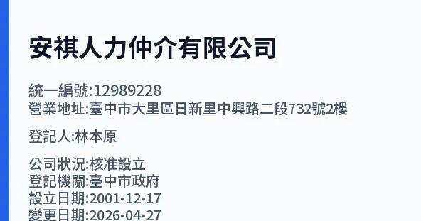 安祺人力仲介有限公司的照片-統編 12989228(臺中市) 公司登記資料與營業項目詳細圖表