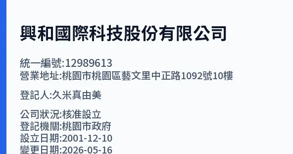 興和國際科技股份有限公司的照片-統編 12989613(桃園市) 公司登記資料與營業項目詳細圖表