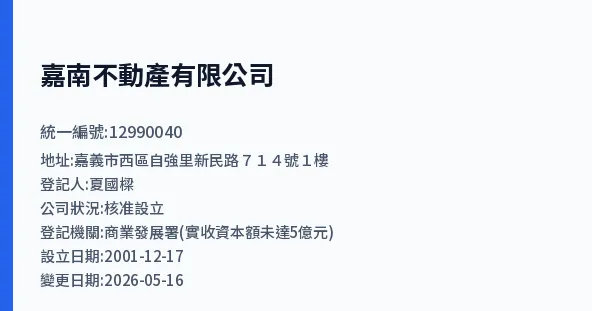 嘉南不動產有限公司的照片-統編 12990040(嘉義市) 公司登記資料與營業項目詳細圖表