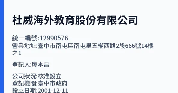 杜威海外教育股份有限公司的照片-統編 12990576(臺中市) 公司登記資料與營業項目詳細圖表