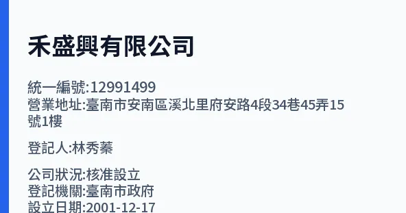 禾盛興有限公司的照片-統編 12991499(臺南市) 公司登記資料與營業項目詳細圖表