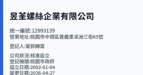 昱荃螺絲企業有限公司的照片-統編 12993139(桃園市) 公司登記資料與營業項目詳細圖表