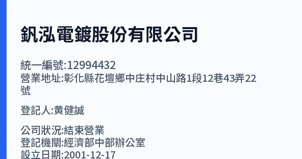 釩泓電鍍股份有限公司的照片-統編 12994432(彰化縣) 公司登記資料與營業項目詳細圖表