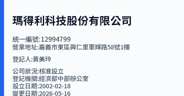 瑪得利科技股份有限公司的照片-統編 12994799(嘉義市) 公司登記資料與營業項目詳細圖表