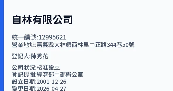 自林有限公司的照片-統編 12995621(嘉義縣) 公司登記資料與營業項目詳細圖表