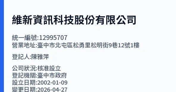 維新資訊科技股份有限公司的照片-統編 12995707(臺中市) 公司登記資料與營業項目詳細圖表