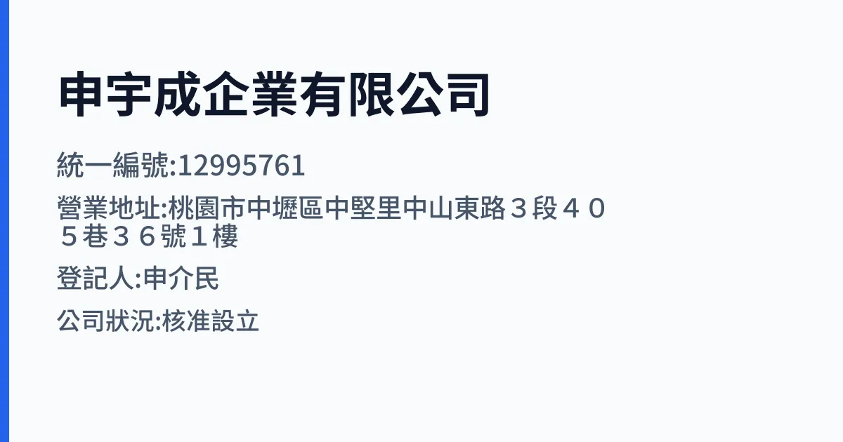 申宇成企業有限公司 - 統編 12995761(桃園市) 公司登記資料與營業項目詳細圖表
