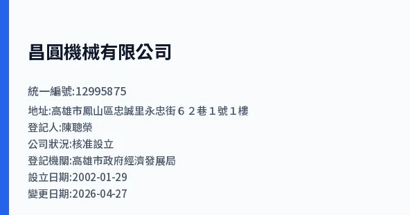 昌圓機械有限公司的照片-統編 12995875(高雄市) 公司登記資料與營業項目詳細圖表