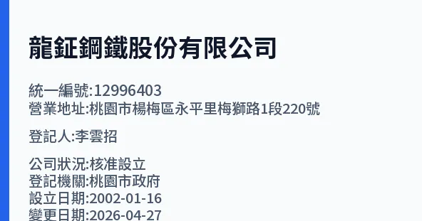 龍鉦鋼鐵股份有限公司的照片-統編 12996403(桃園市) 公司登記資料與營業項目詳細圖表