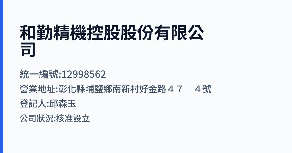 和勤精機控股股份有限公司 - 統編 12998562(彰化縣) 公司登記資料與營業項目詳細圖表