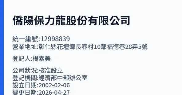 僑陽保力龍股份有限公司的照片-統編 12998839(彰化縣) 公司登記資料與營業項目詳細圖表