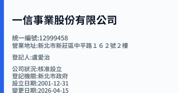 一信事業股份有限公司的照片-統編 12999458(新北市) 公司登記資料與營業項目詳細圖表