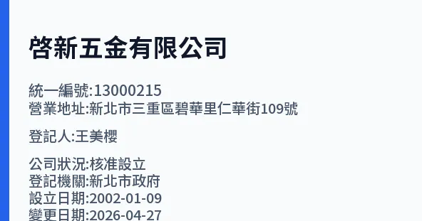 啓新五金有限公司的照片-統編 13000215(新北市) 公司登記資料與營業項目詳細圖表